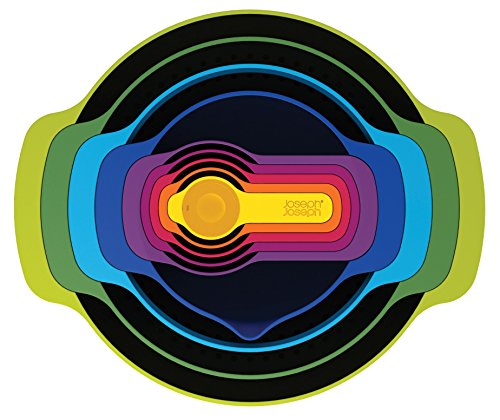 Joseph Joseph Nest 9 Plus, 9 Piece Compact Food Preparation Set with Mixing Bowls, Measuring cups, Sieve and Colander, MultiColor