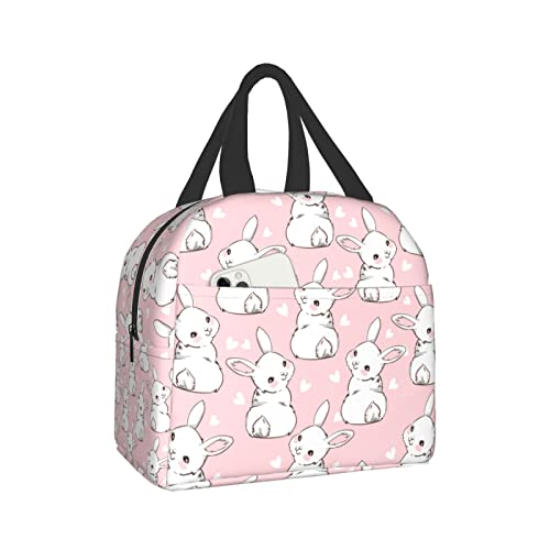 Ucsaxue Cute Bunny And Heart On Pink Lunch Box Reusable Lunch Bag Work Bento Cooler Reusable Tote Picnic Boxes Insulated Container Shopping Bags For Adult Women Men