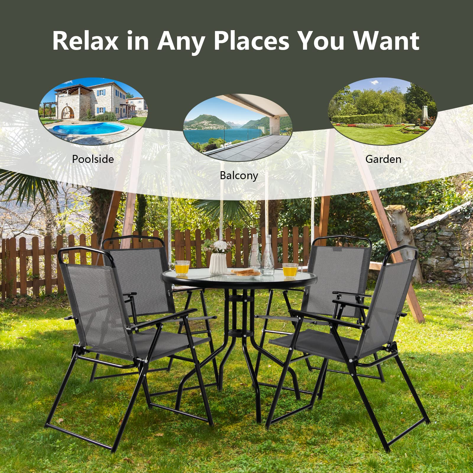 Tangkula 6 Piece Folding Patio Dining Set, Outdoor Table Chair Set for 4, 31.5β Round Table & 4 Folding Chairs, Patio Tiltable Umbrella Included, Indoor Outdoor Table Chair Set for Poolside, Balcony