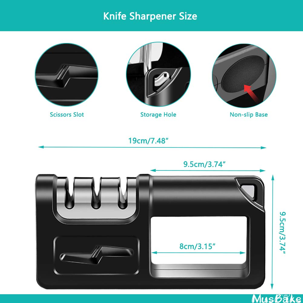 Knife Sharpener, Chef Manual Knife Sharpener, Easy Sharpening, Slip Resistant Grip Sharpener for Knives and Scissors, Safely Sharpen Knives for Kitchen (4-in-1)