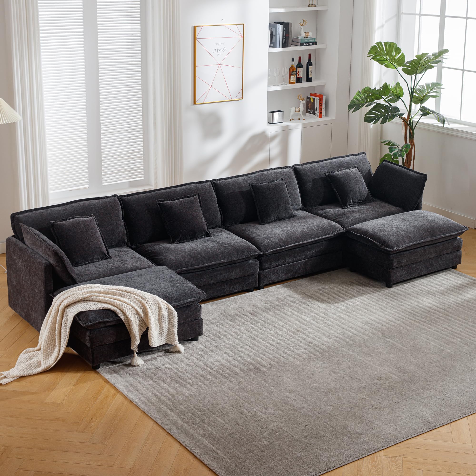Tmsan 146.5" Oversized U Shaped Sectional Sofa with Double Cushions & Movable Ottoman, Modern 6 Seater Cloud Modular Couch for Living Room, Black Chenille