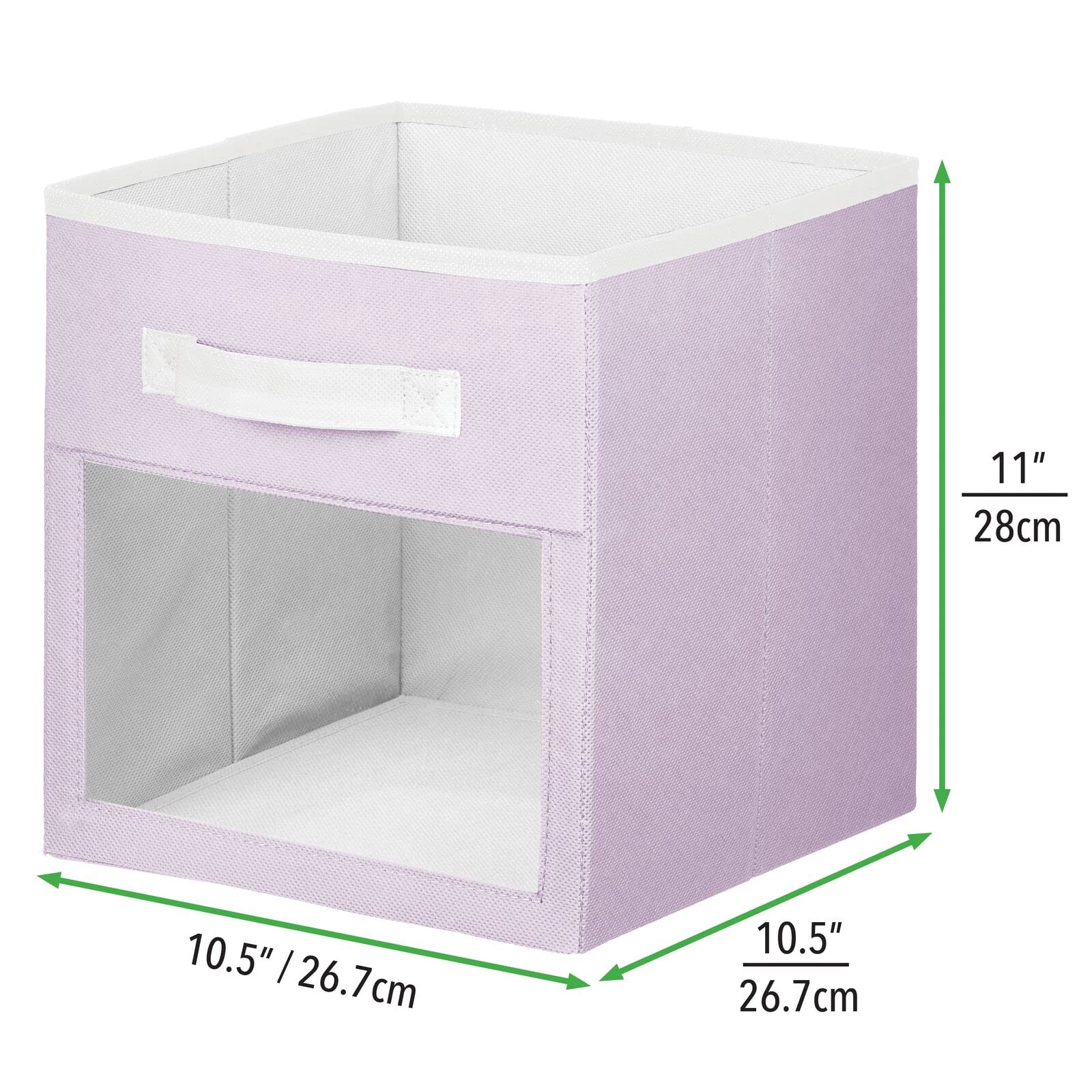 mDesign Fabric Nursery/Playroom Closet Storage Organizer Bin Box with Front Handle/Window - Cube Furniture Shelving Unit, Hold Toys, Clothes, Diapers, Bibs, Jane Collection, 4 Pack, Light Purple/White