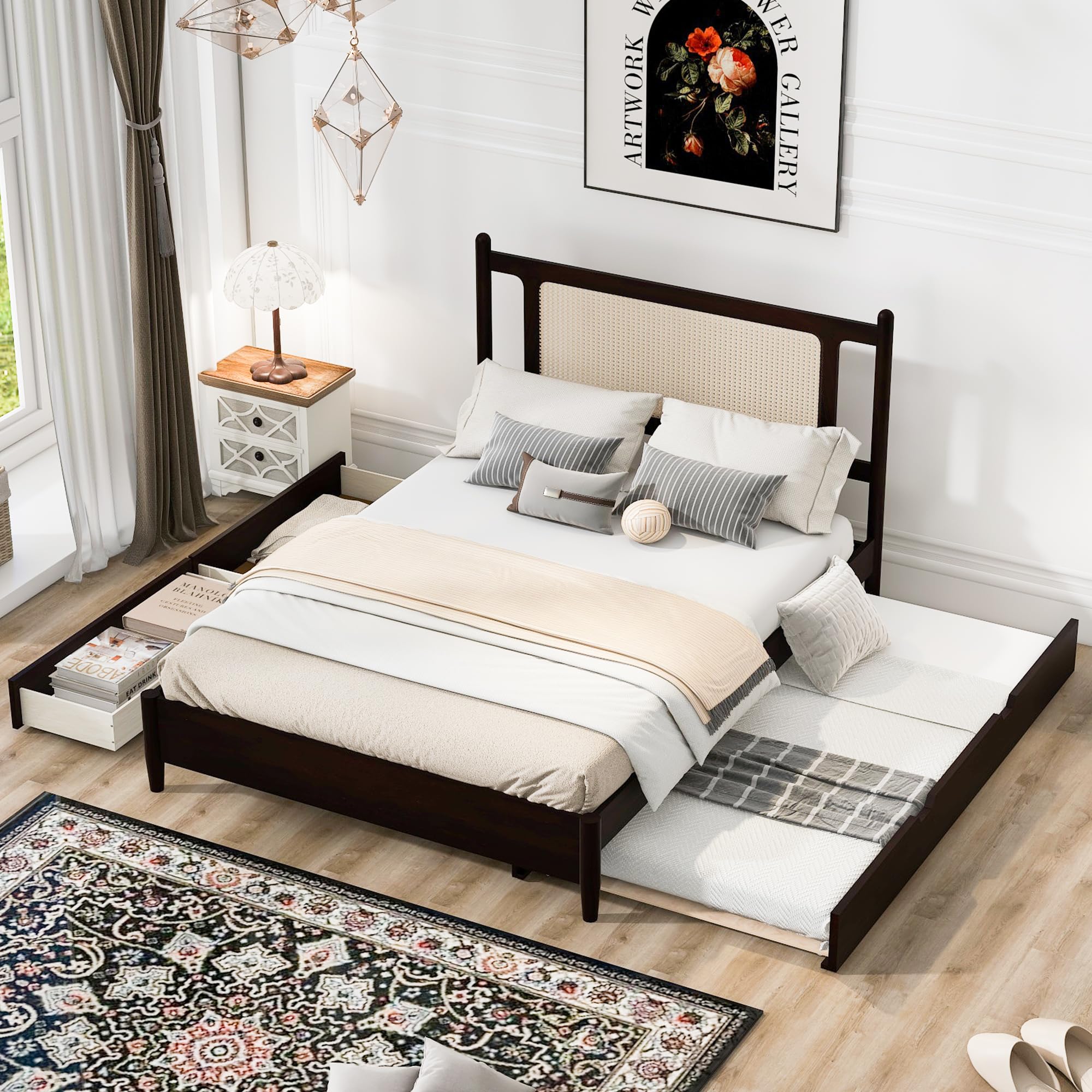 SOFTSEA Queen Size Rattan Bed, Platform Bed with Storage Drawers and Trundle, Wood Platform Bed with Rattan Headboard, No Box Spring Needed, Brown