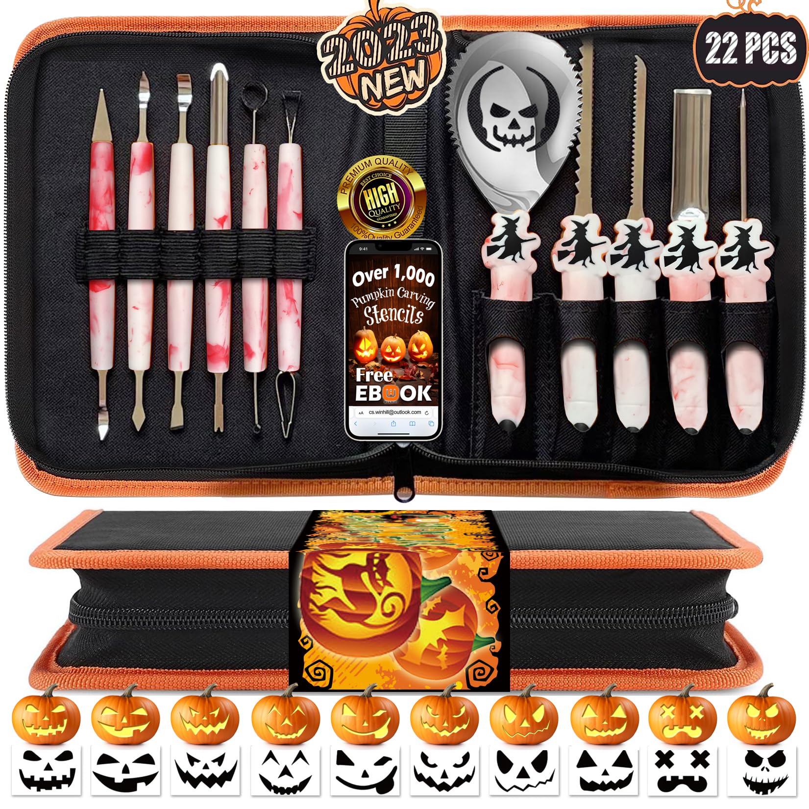 Pumpkin Carving Kit with Stencils Ebook & Carrying Case, 22 PCs Heavy Duty Stainless Steel Knife Professional Sculpting Tool Set for Kid Adult