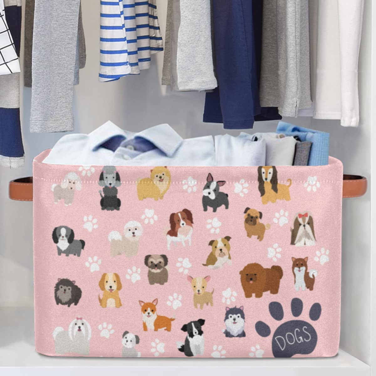 Storage Baskets with Handles, Cute Dogs Pink Storage Cube Rectangular Fabric Collapsible Toy Storage Bin Organizer for Closet Shelf Laundry Nursery Kids Bedroom, 15x11x9.5 In