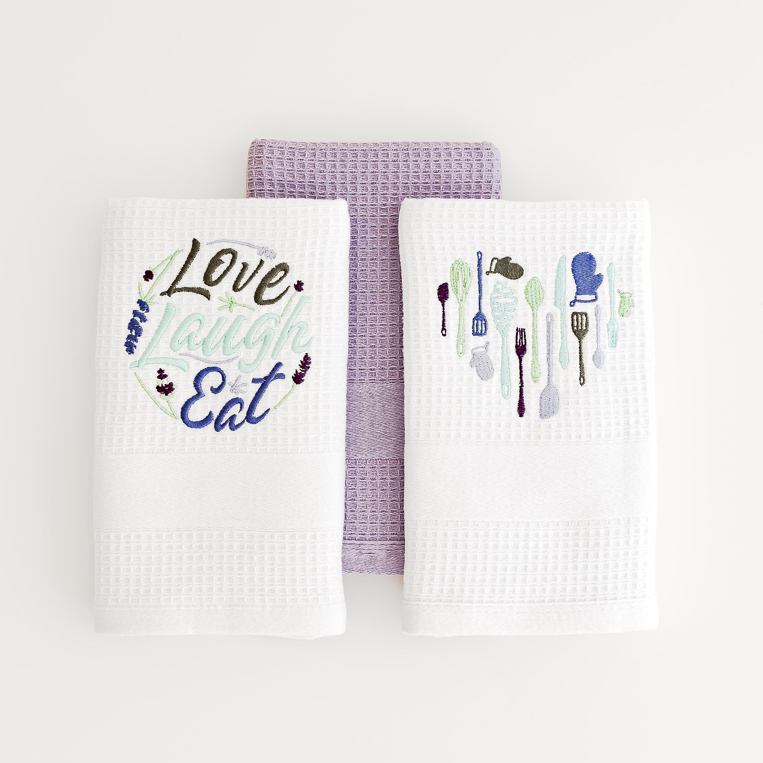 Luzia Lavender Love Kitchen Towels; Stylish and Absorbent - Waffle Weave Embroidered Dish Towels Turkish Cotton - Set of Three, White and Lavender Color
