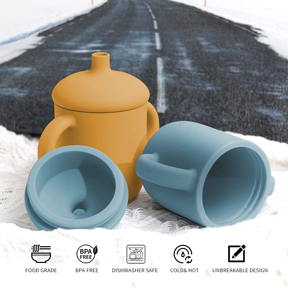 Toddler Cup, Silicone Training Cup Sippy Cup with Straw, Spill Proof and Non-Slip Handles, NO BPA, Unbreakable, Trainer Cup for Babies Toddlers and Infants, 2 Count, 5 oz, Grey Blue, Peach Pink