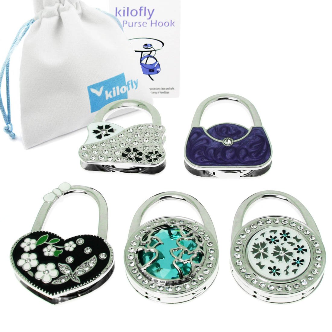 kilofly Purse Hook [Set of 5] - Foldable - Floral Lake Pouch