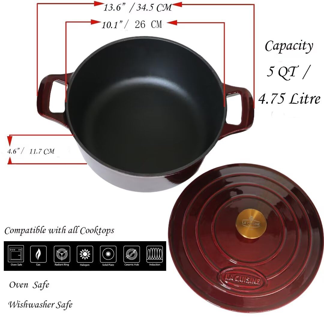 La Cuisine Enameled Cast Iron Dutch Oven Casserole Dish Pot with lid 2.1 QT 7.9โ Dia. Cream White Enamel Interior, 2 - tone Sapphire Enamel Coating Exterior Oven Safe
