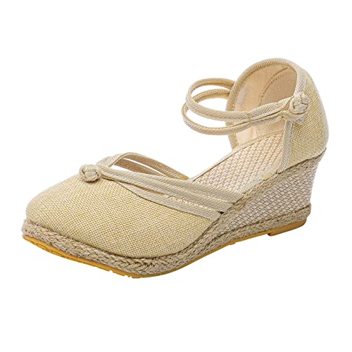 JMMSlmax Platform Espadrille Slides Womens Wedge Espadrille Ankle Strap Closed Cap Toe Platform Heeled Sandals Beige