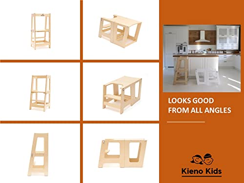 Learning Toddler Desk & Toddler Tower - Foldable 2 in 1 Kitchen Stool & Desk for Toddlers. Convenient Toddler Standing Tower, Converts Into a Toddler Table / Desk for Toddler (Natural Wood)
