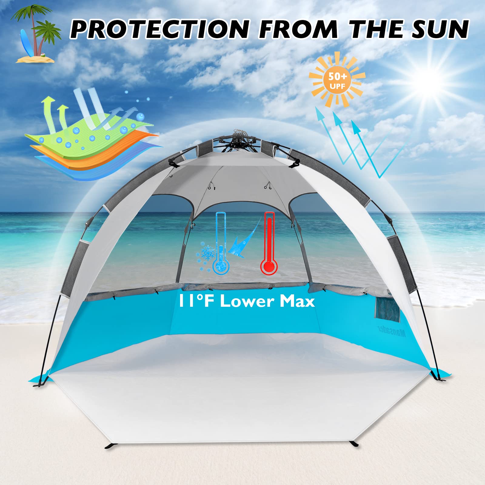 Mansader 2-3 Person Large Instant Pop Up Beach Tent, UV Protection Portable Easy Setup Sun Shade Shelter, Extended Floor with 3 Ventilating Mesh Windows for Outdoor Camping Fishing (Light Blue)