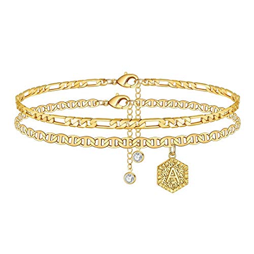 Memorjew Ankle Bracelets, 14K Gold Plated Layered Letter A Initial Anklets for Summer Foot Jewelry Gifts for Women