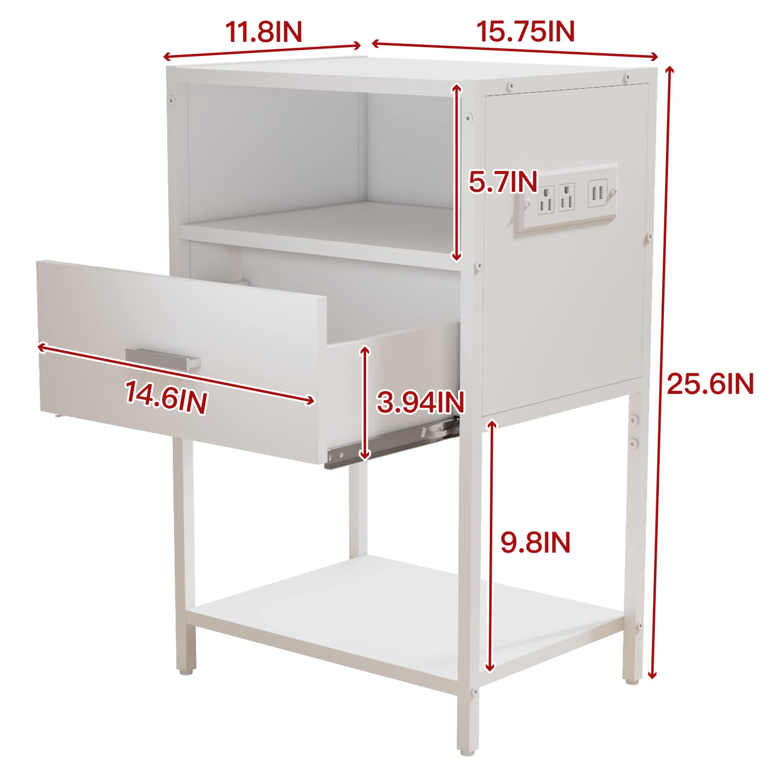LDTTCUK Nightstand with Charging Station, Modern End Table with Drawer, White Bedside Table with Open Storage for Bedroom