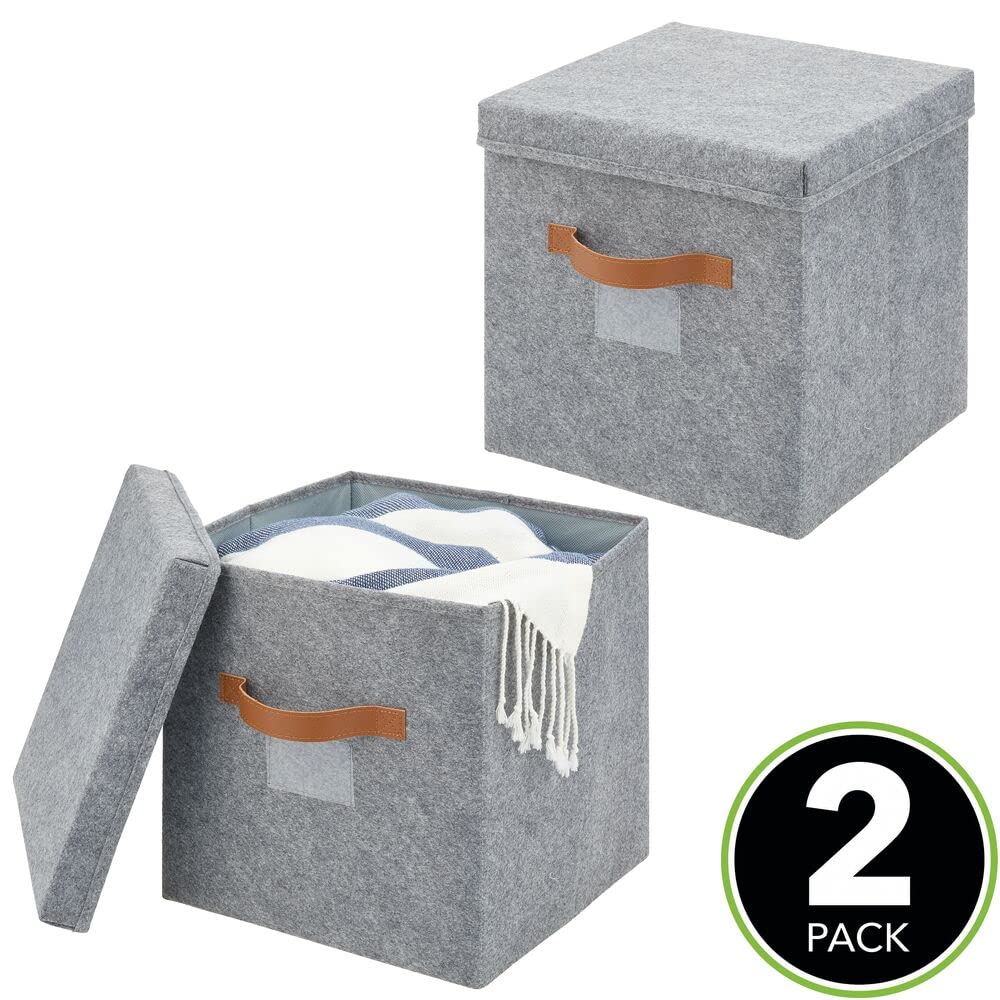 mDesign Set of 2 Wardrobe Storage Box — Clothes Storage Boxes for the Bedroom and Wardrobe — Wardrobe Organiser Boxes for Clothes, Hats, Shoes and More — Grey/Tan