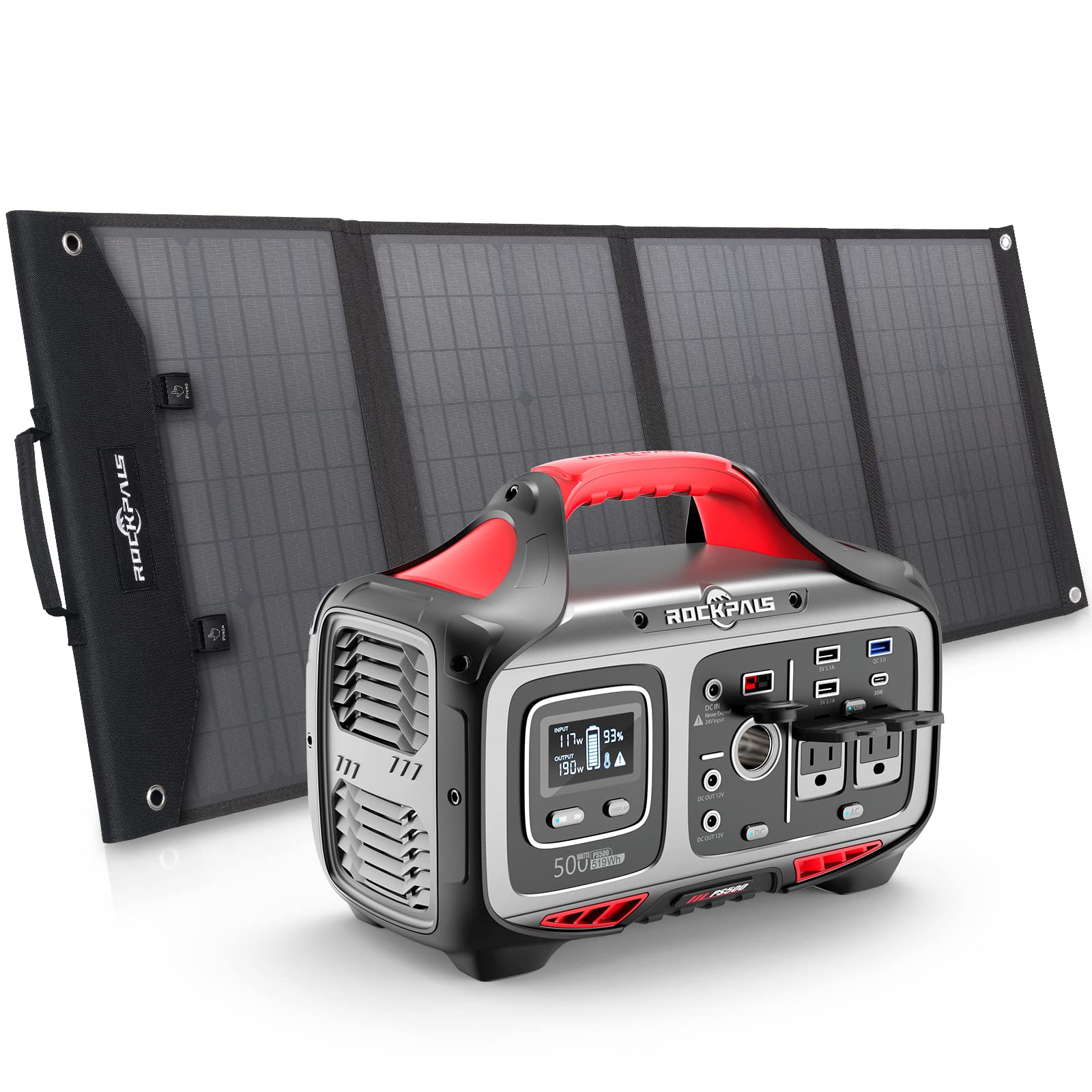 ROCKPALS 500W Solar Generator with Panels Included, 505Wh Portable Power Station with SP003 100W Foldable Solar Panel, 2 x Pure Sine Wave 110V AC Outlet for Outdoors Camping Hunting RV Trip Home Use