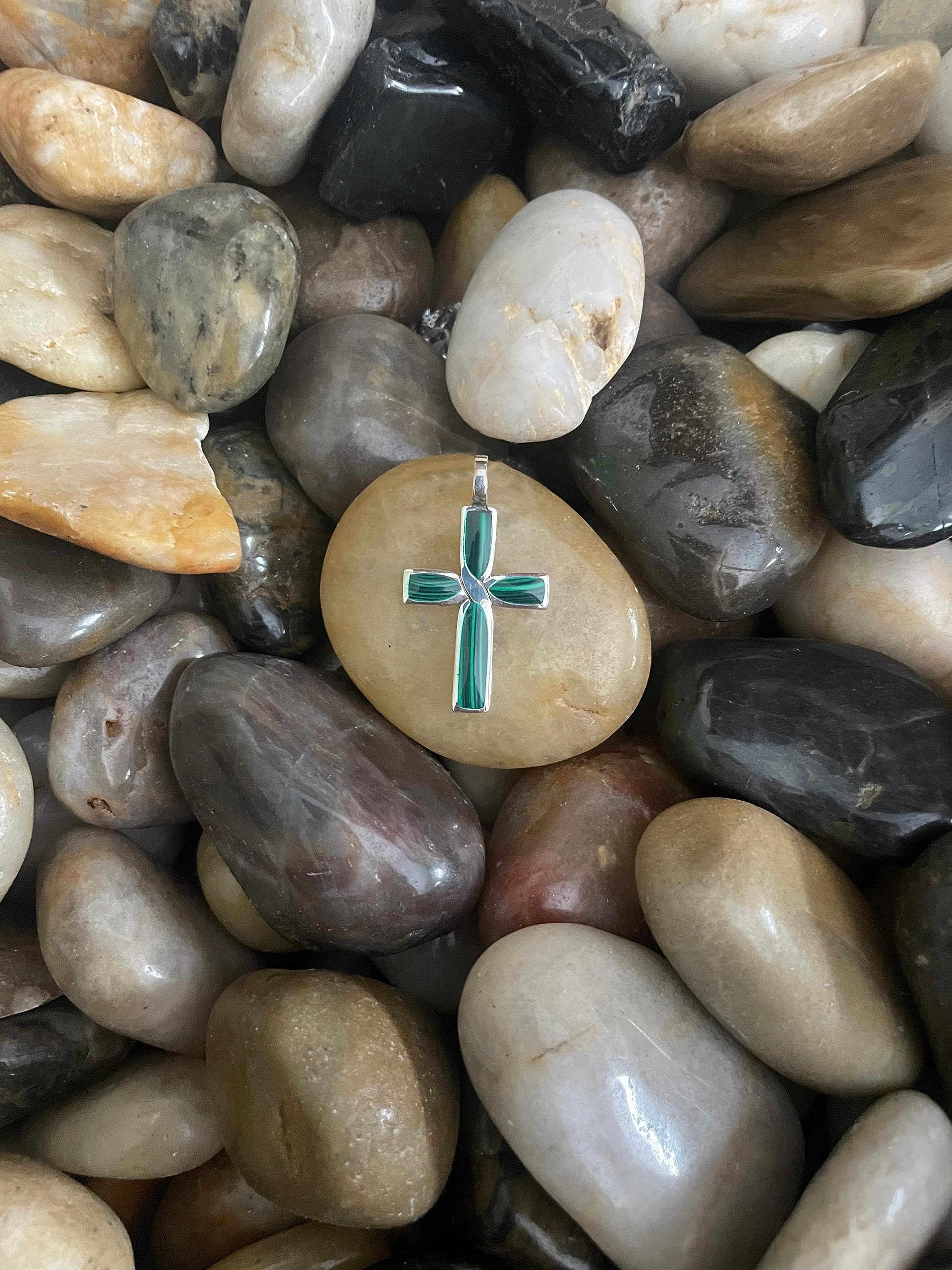 Jewelry Trends Sterling Silver Cross Pendant with Green Created Malachite Stone