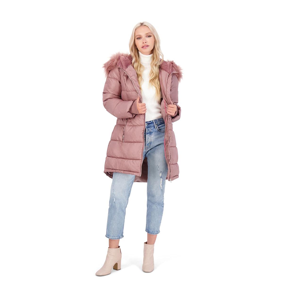 Jessica Simpson Womens Quilted Puffer Winter Coat w/Faux Fur Hood Pink Size L