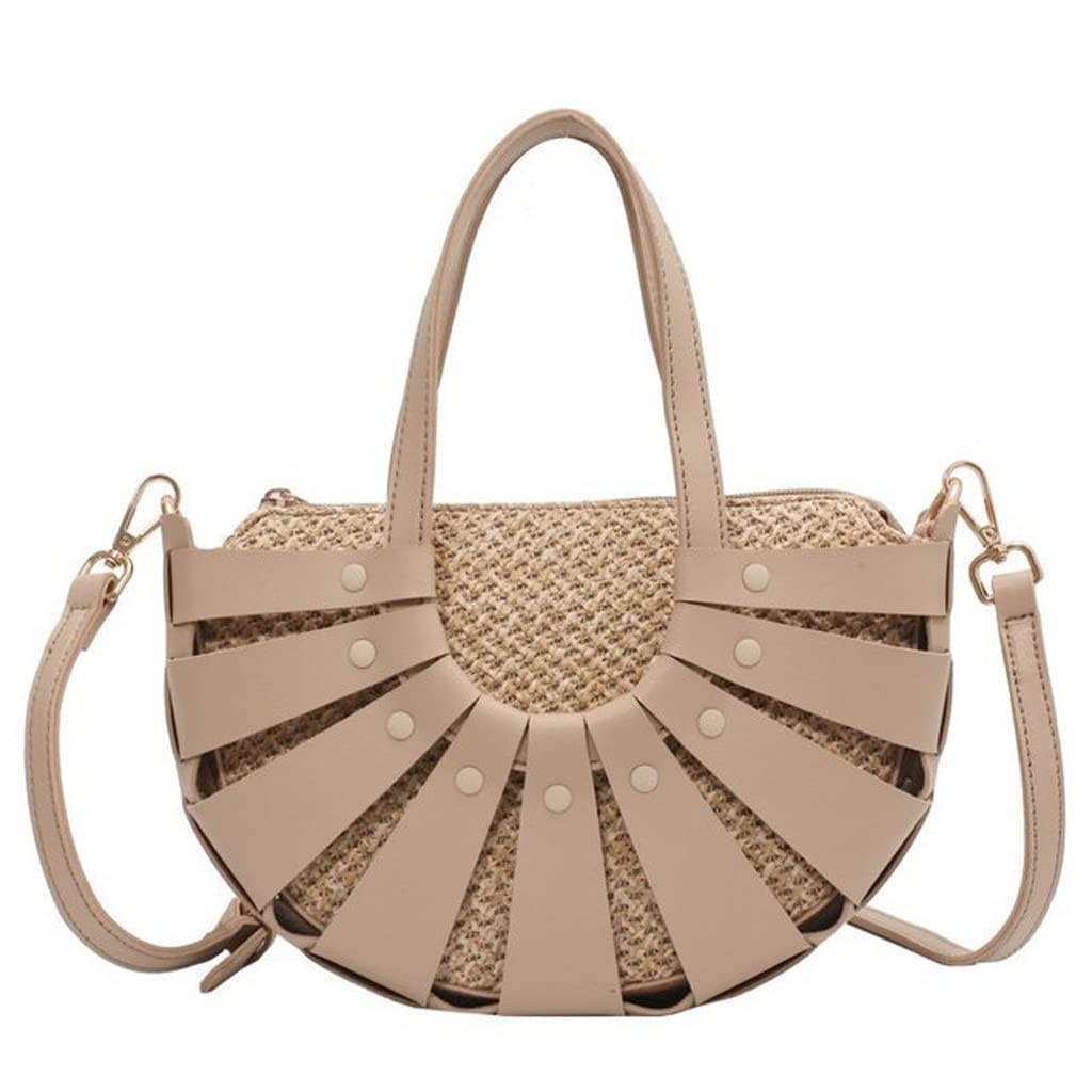 SFMZCM Semicircle +Leather Handbag Women Summer Rattan Bag Handmade Woven Beach Circle Bohemia Shoulder Bags (Color : D, Size : 1)