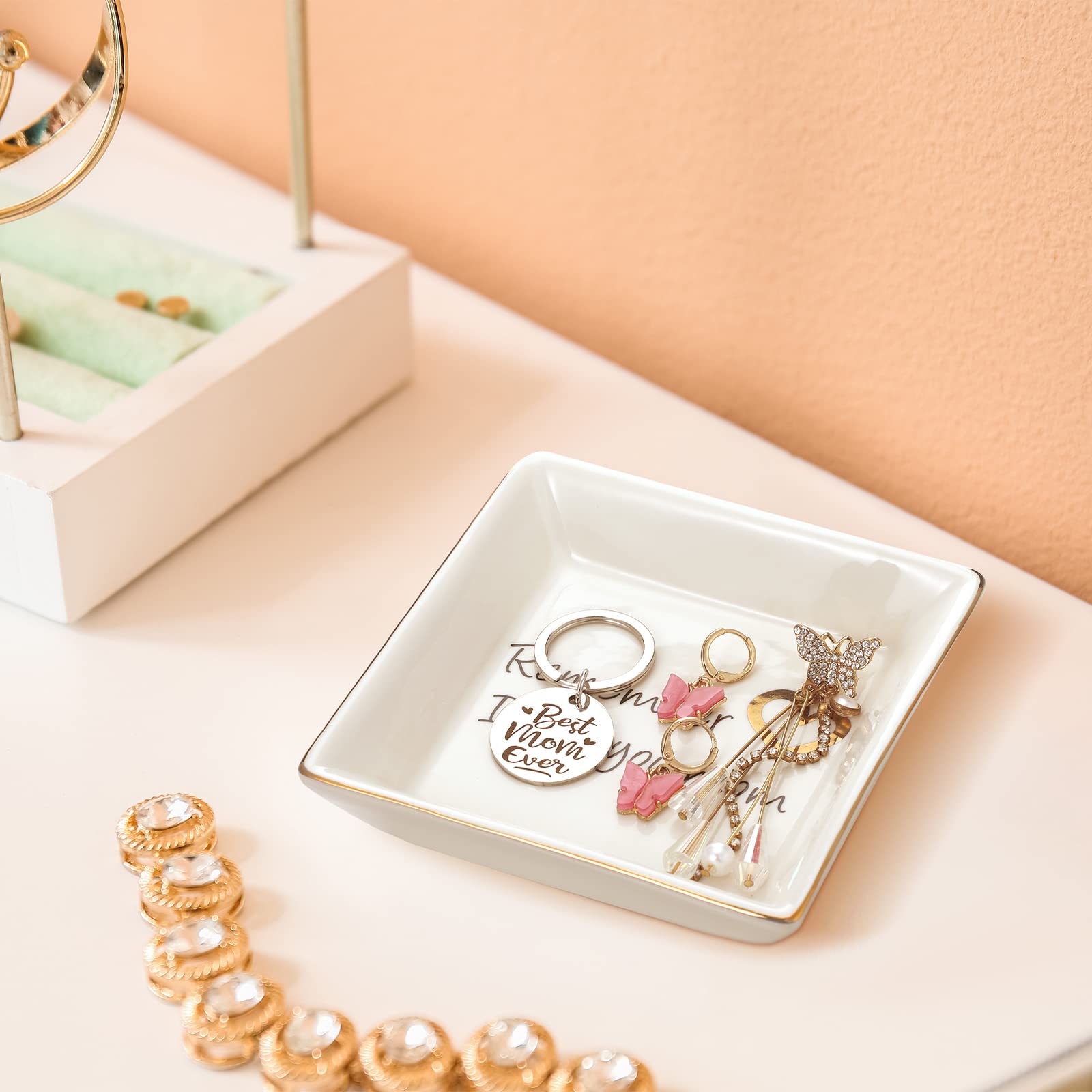 Nuanchu 3 Pcs Mother's Day Gifts for Mom Include Best Mom Ever Coffee Mug Remember I Love You Mom Ceramic Ring Dish Best Mom Ever Keychain for Mom from Daughter and Son