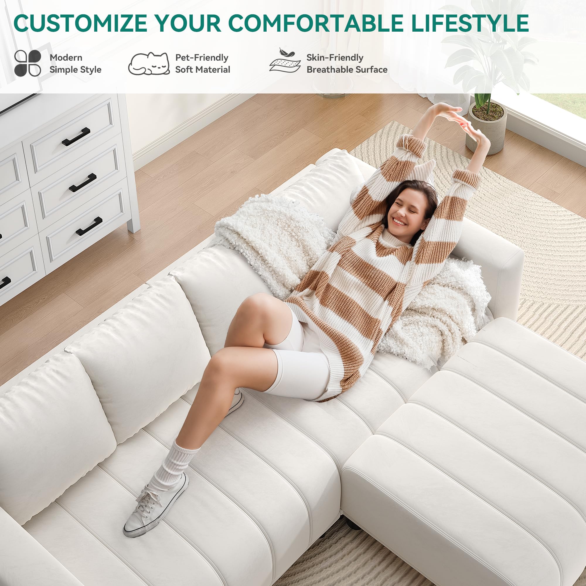 YITAHOME Cloud Couch Sectional Sofa with Ottoman, L Shaped Couch Velvet Comfy Modern 2 Seat Loveseat Sofa Convertible with USB & Type-C Ports for Living Room Apartment, Beige