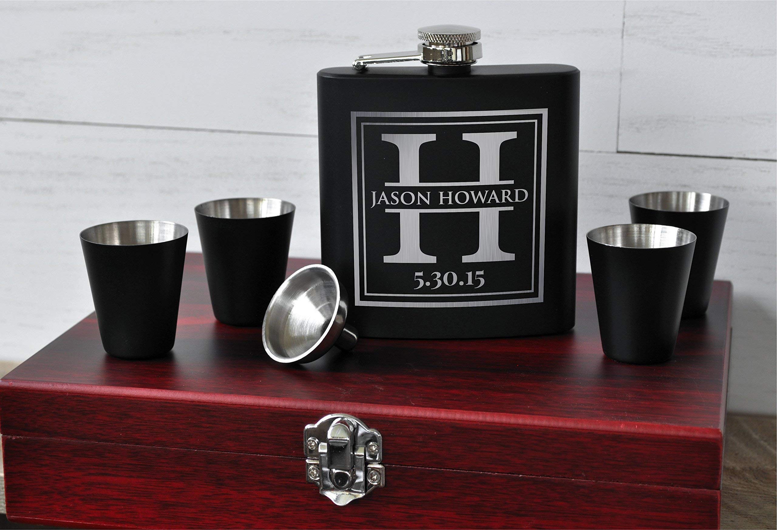 Personalized Flask Set With Shot Glasses With Wood or Black Gift Box