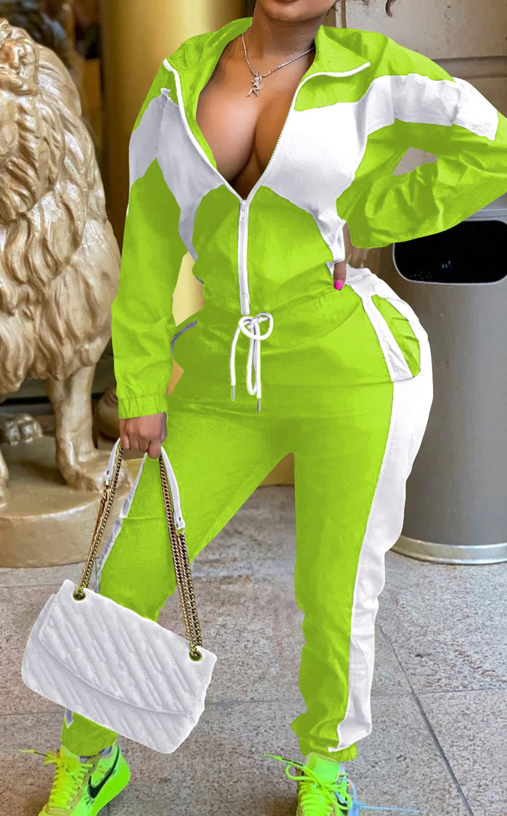 Rodawu Women's Patchwork Color Block Tracksuit 2 Piece Outfits Casual Long Sleeve Full Zip Jacket Pants with Pockets Sweatsuits Fluorescent Green Large