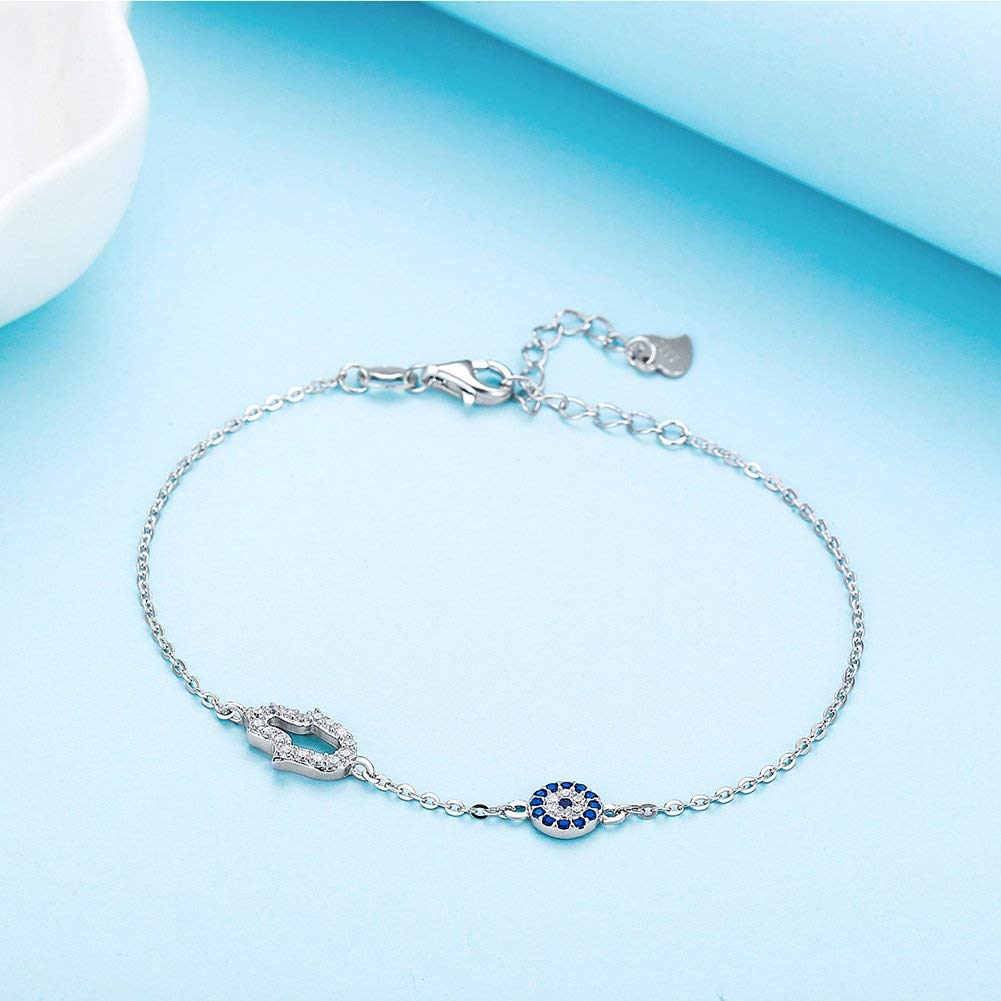 Kaletine Hamsa Hand of Fatima Evil Eye Bracelet Sterling Silver 925 Blue Cubic Zirconia Chain 6.5"+1.5"(Rhodium)