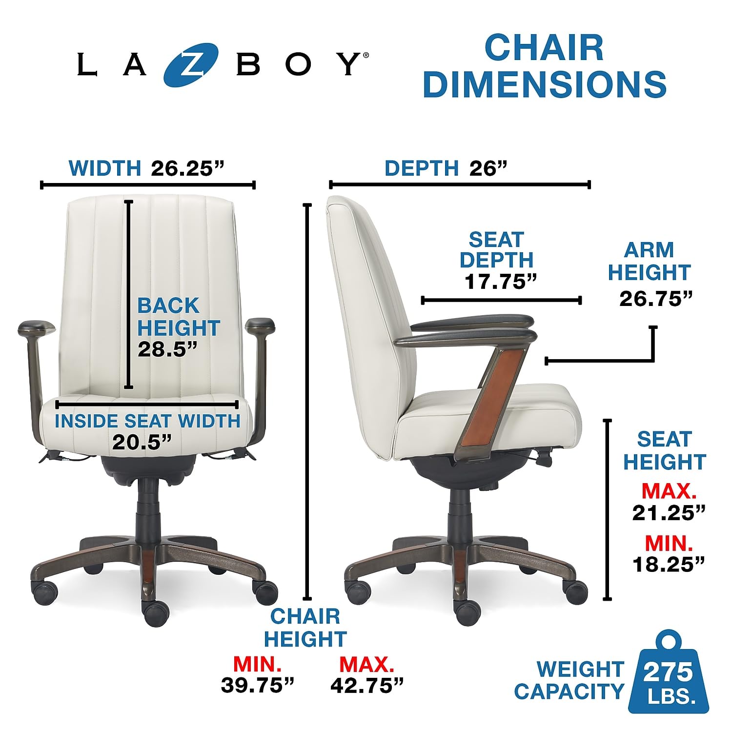 La-Z-Boy Bennett Modern Executive Lumbar Support, Rich Wood Inlay, High-Back Ergonomic Office Chair, Bonded Leather, White