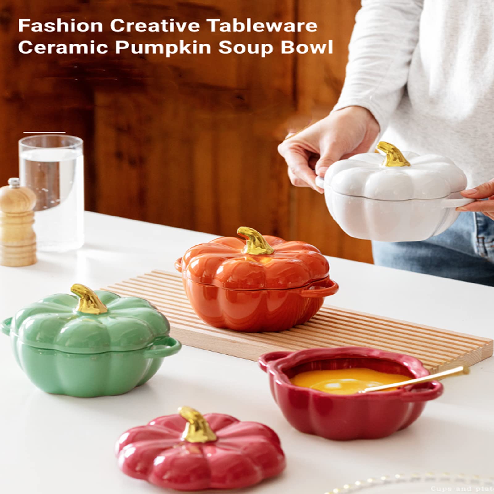NUANYOYO Ceramic Pumpkin Soup Bowl with Lid,Pumpkin Soup Bnowl,Ceramic Stew Pot Pumpkin Shape Storage Jar,Ceramic Pumpkin Dessert Bowl for Fashion Creative Tableware (White)