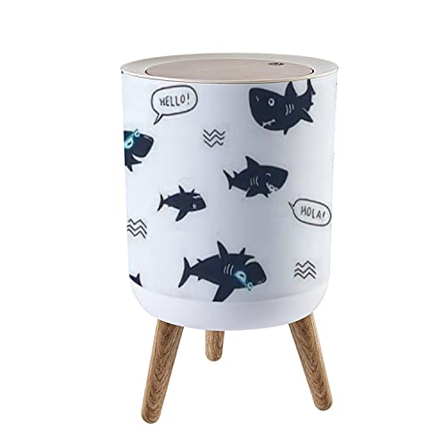 Small Trash Can with Lid Cute Shark Kids t Shirt Wood Legs Press Cover Garbage Bin Round Simple Human Waste Bin Wastebasket for Kitchen Bathroom Office, 8.67x14.3inch