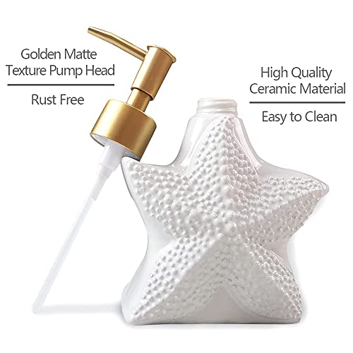Starfish-Shaped Soap Dispenser, White Ceramic Lotion Bottle with Noble Golden Matte Pump, Ocean Themed Décor for Kitchen Sink or Bathroom