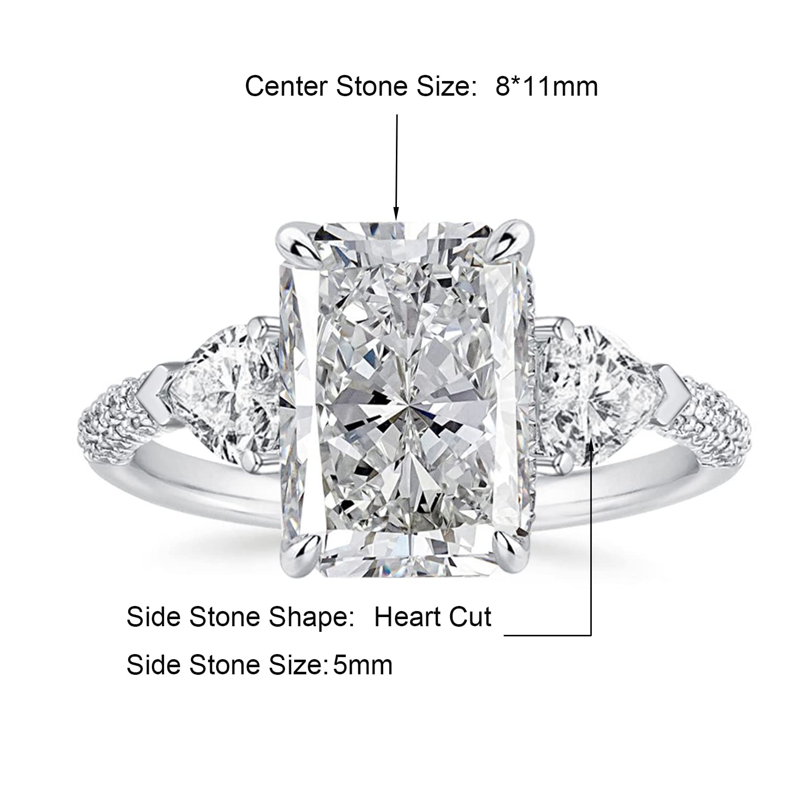 RODIFFY 4.5ct 3 Stone Radiant Cut & Heart Cut Engagement Ring for Women,18K White Gold Plated Silver Promise Ring (Size:7)