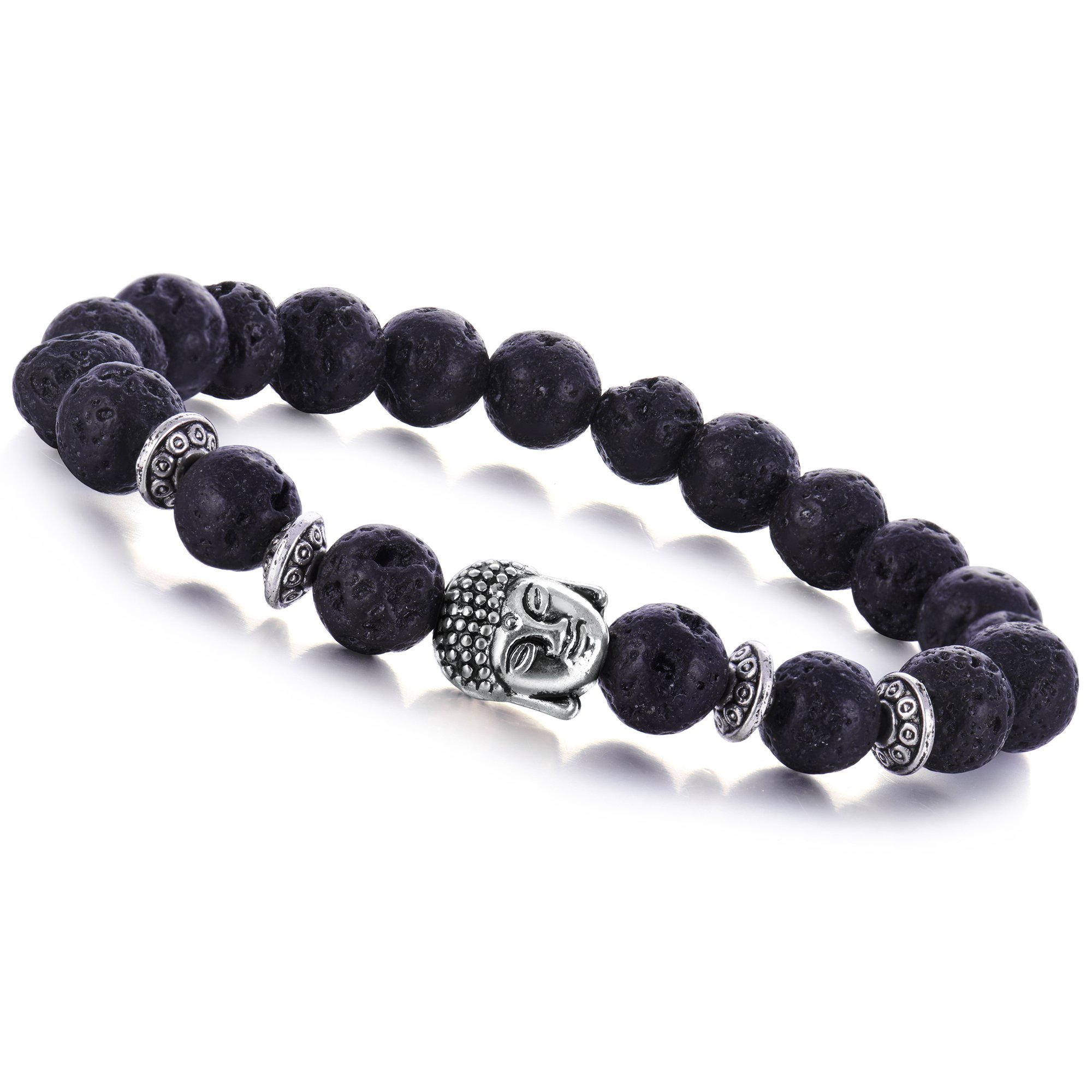 JOYA GIFT Natural Volcano Stone 8MM Round Beads Buddha head Gemstone Chakra Bracelet for Women Charms Men Jewelry