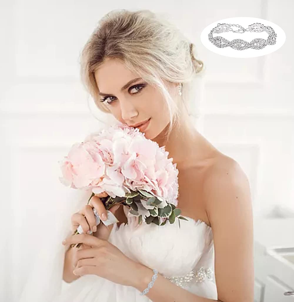 MOZAKA 5Pcs Sparkle Rhinestone Stretch Bracelets Bangle for Women Bling Silver Bridal Wedding Strand Stackable Tennis Bracelet Set