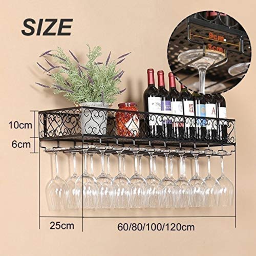 Wall Hanging Wine Rack with Glass Holder and Wine Bottle Shelf, Metal Wall Mount Bar Wine Glass Rack Stemware Goblet Storage Holder (Size : 80×25cm(32×10inch))