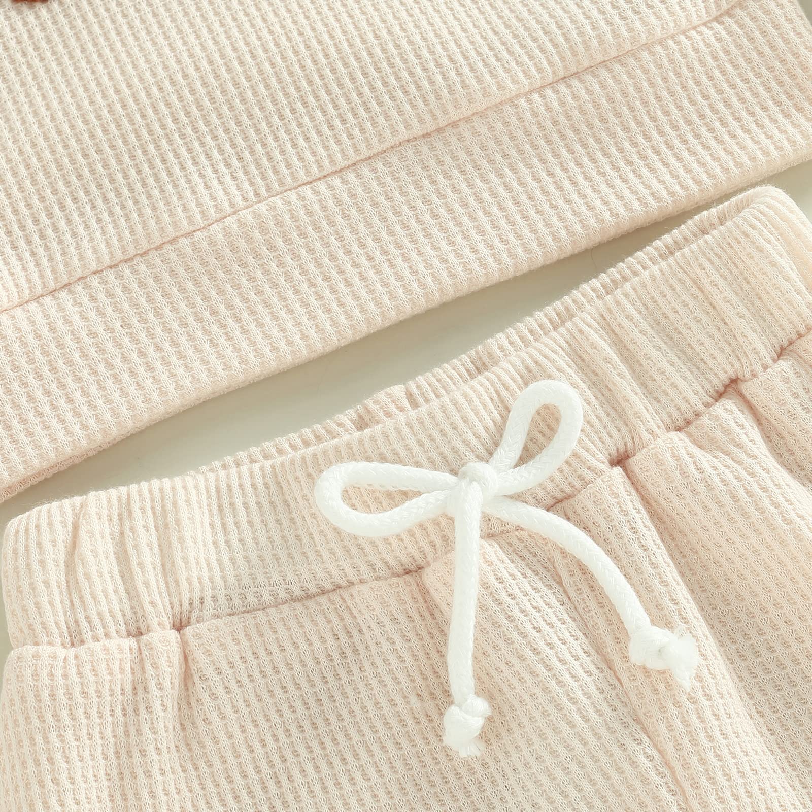 Toddler Baby Girl Boy Fall Winter Waffle Outfit Set Letter Printed Long Sleeve Sweatshirt Tops + Pants (Apricot, 6-12 Months)