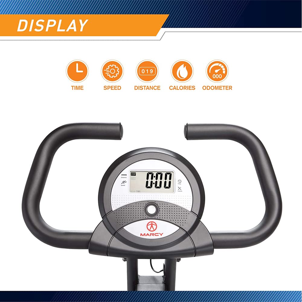 Marcy NS-654 Foldable Upright Exercise Bike Adjustable Resistance Bundle with 27 Ounce Water Bottle, Workout Cooling Sport Towel and Magnetic Wireless Sport Earbuds Gunmetal Grey