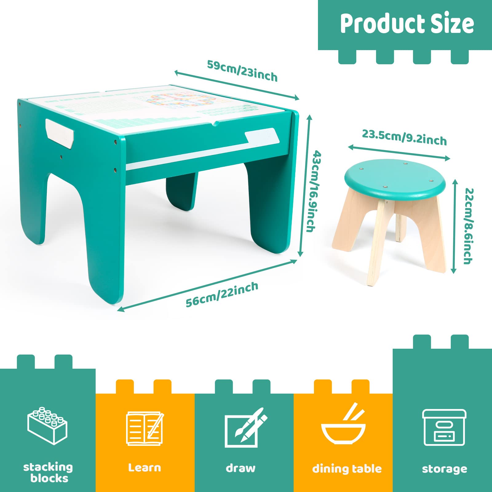 TRENDBOX 7 in 1 Activity Table for Toddlers, Wooden Kids Table and Chair Set with 200Pcs Building Blocks, All-in-One Kids Play Table, Drawing Table, Learning Table, Eating Table for Toddlers 1-5