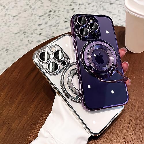Uioeua Compatible with iPhone 14 Pro Max Magnetic Clear Kickstand Case,Luxury Plating Transparent Bracket MagSafe Case with Full Camera Lens Protector for iPhone 14 Pro Max-Sky Blue