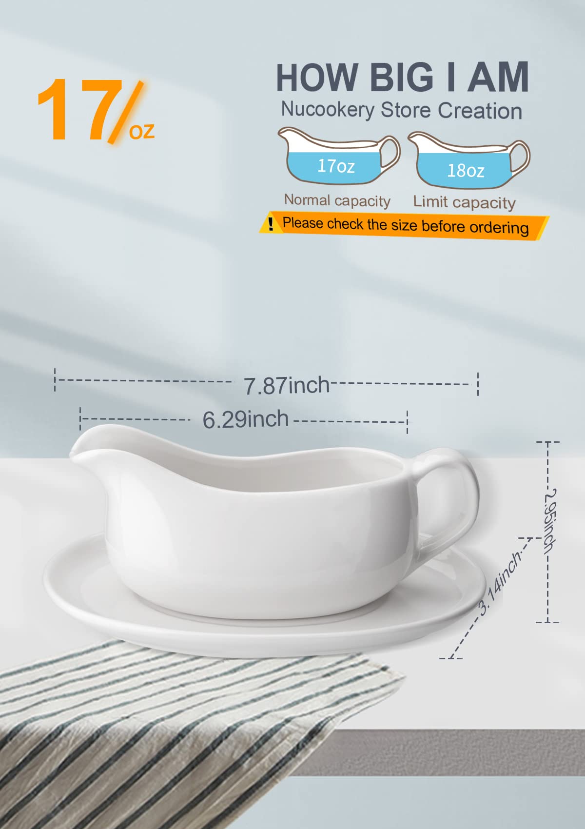 Nucookery Large 17 Oz Gravy Boat and Tray | Ergonomic Handle | White Fine Porcelain Saucier With Big Dripless Lip Spout For Gravy, Warming Sauces, Salad Dressings, Milk | Microwave & Freezer Safe