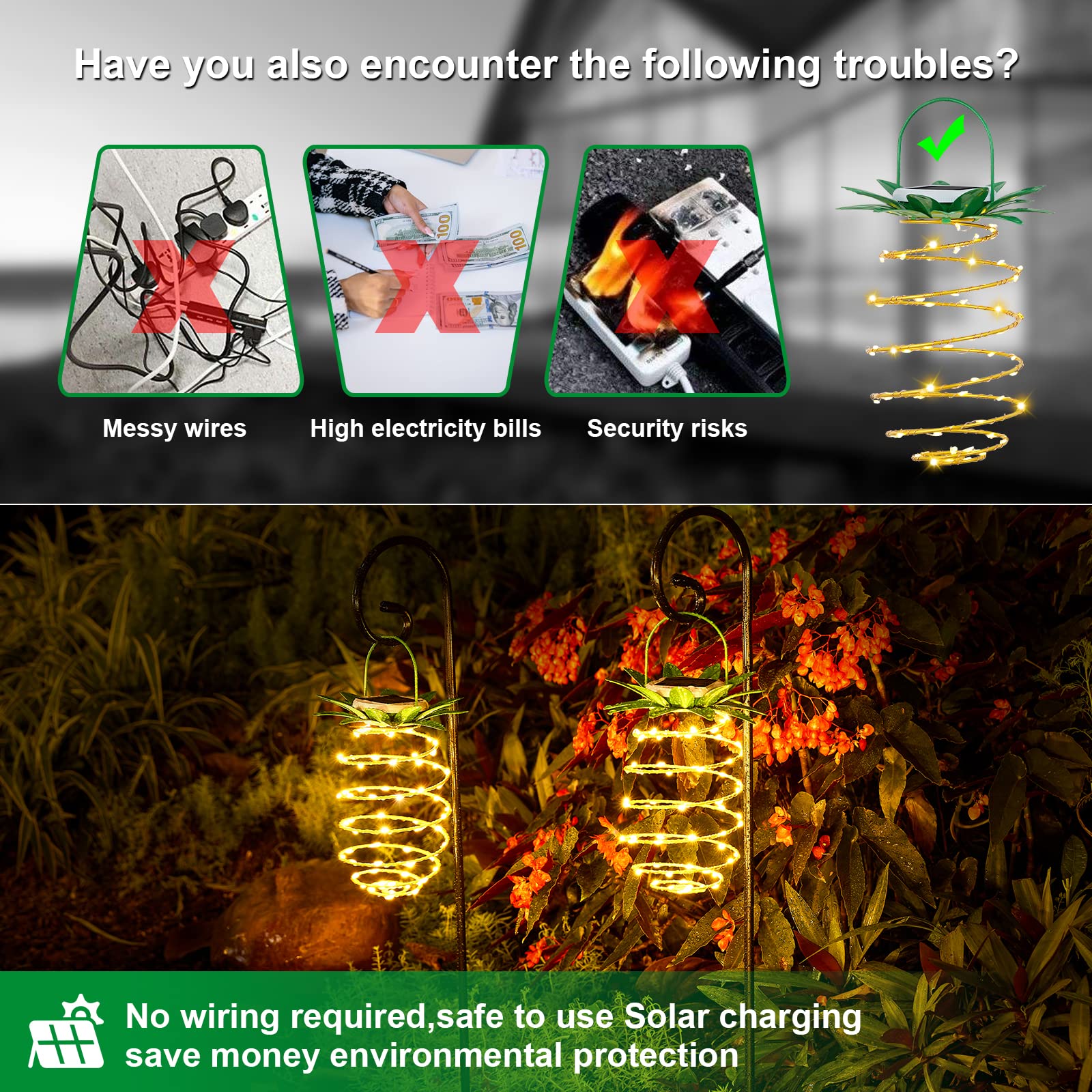 JSOT 2 Pack Solar Lanterns Outdoor Waterproof, 60LEDs Hanging Pineapple Decorative Lights for Backyard, Porch, Patio, Table, Yard, Balcony, Plants, Teepee, Lawn, Pathway, Warm Light.