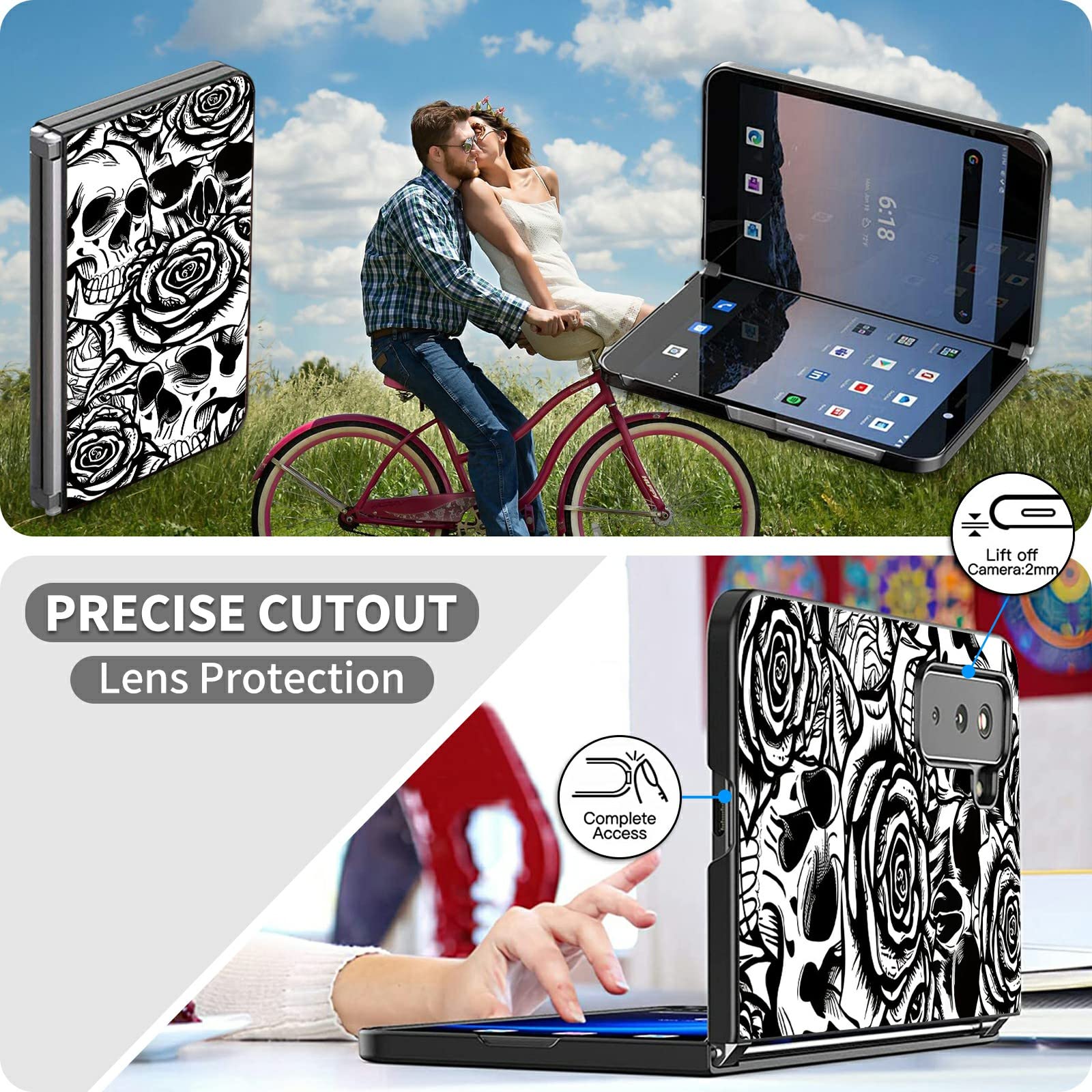 JYCUHTCL for Microsoft Surface Duo 2 Case 8.3"(NOT Fit Duo1), Skull Rose Black Design, Shockproof Slim Lightweight for Surface Duo 2 Phone Case Protective Cover