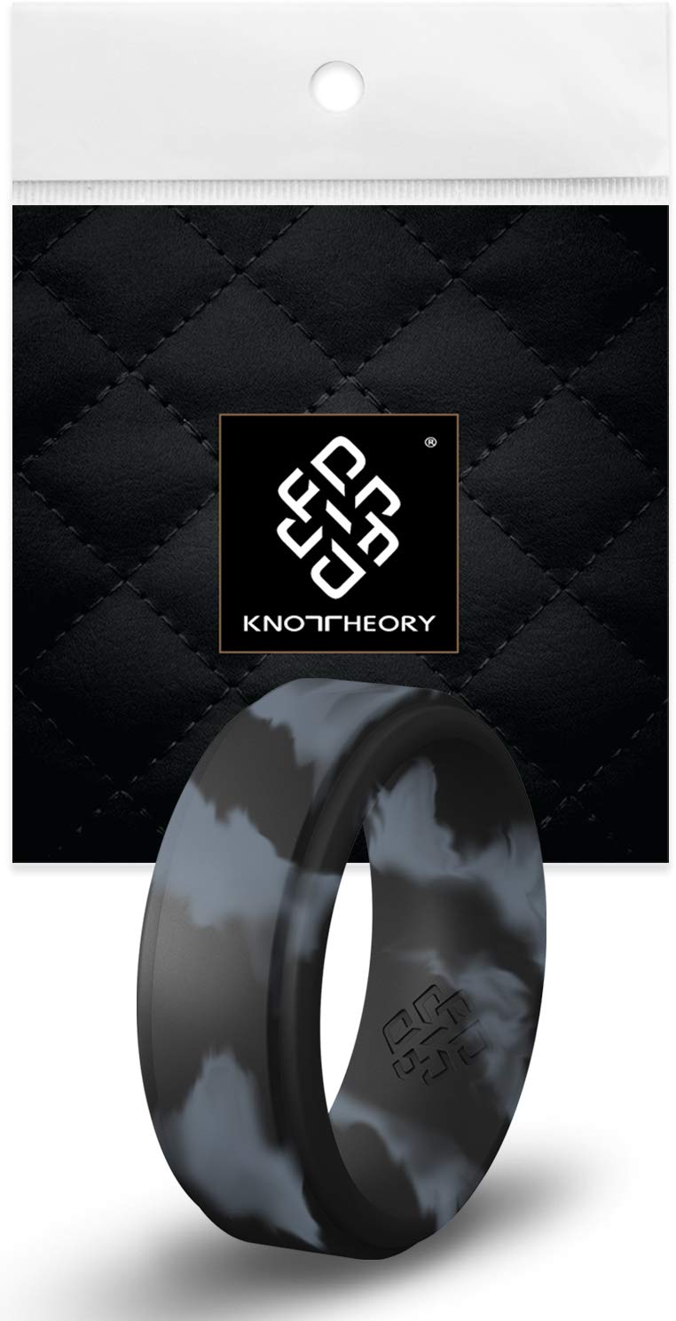 Knot Theory Black Marble Silicone Ring Men - Size 8 Step Edge 9mm Wide Rubber Wedding Band - Gym Workout Weight-Lift Ring