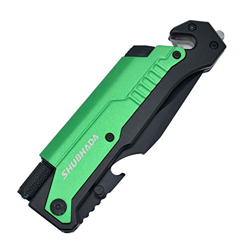 SHUBHADA Folding Pocket Knives Multi Function Emergency Tool Knives Led Light Magnesium fire starter Seatbelt cutter Glass breaker Bottle opener(Green)