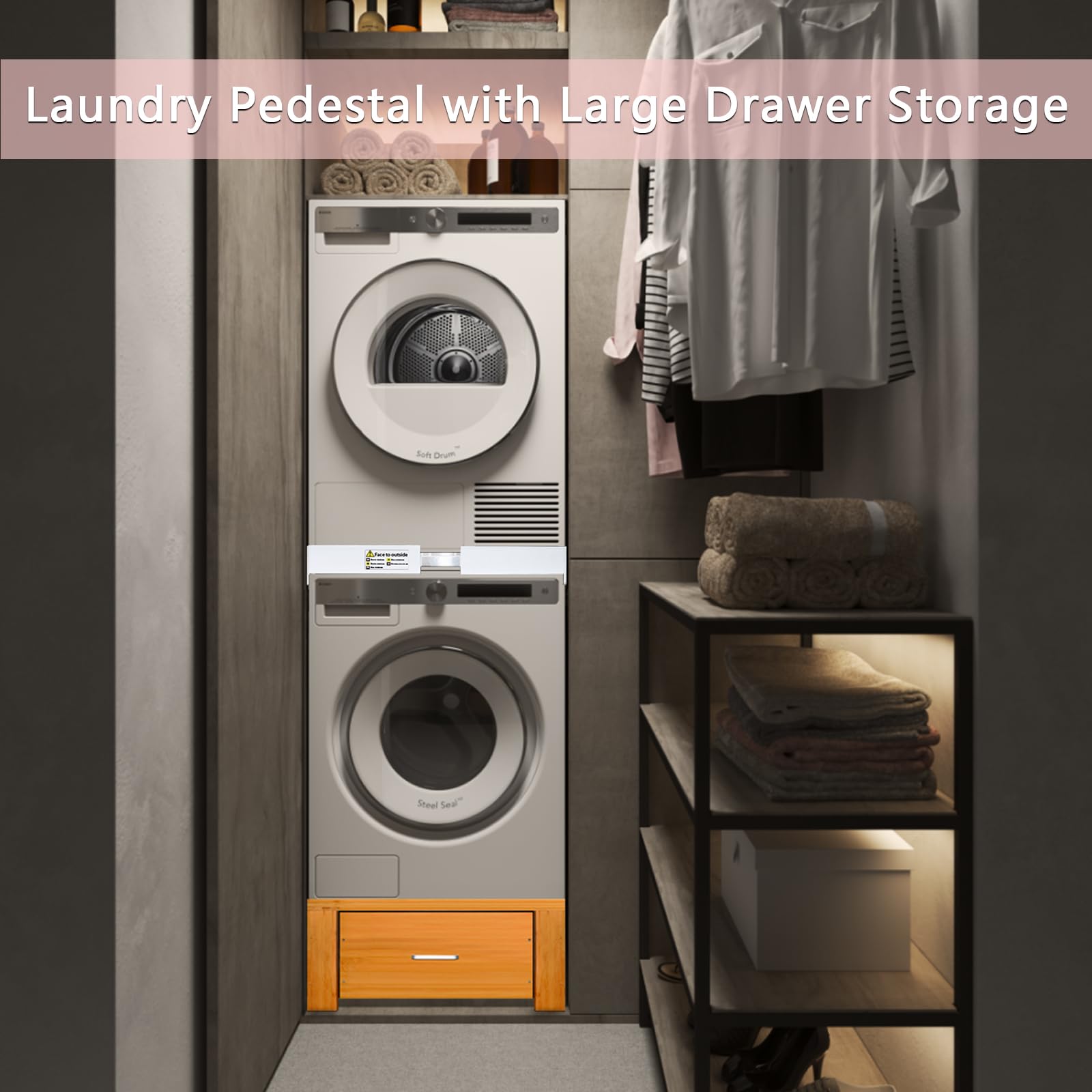 Kiss Core Universal Stacking Kit for Washer Dryer and 29" Laundry Pedestal with Drawer, Made up to 29" Wide and 13" Height