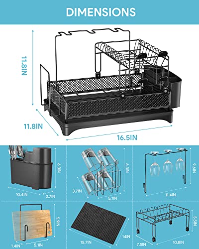 Lvtrupc Dish Drying Rack - Large-Capacity Dish Rack for Kitchen Counter, Stainless Steel Dish Drainer, 2-Tier Kitchen Dish Drying Rack for Dishes, Cutlery and Wine Glasses with Extra Dryer Mat
