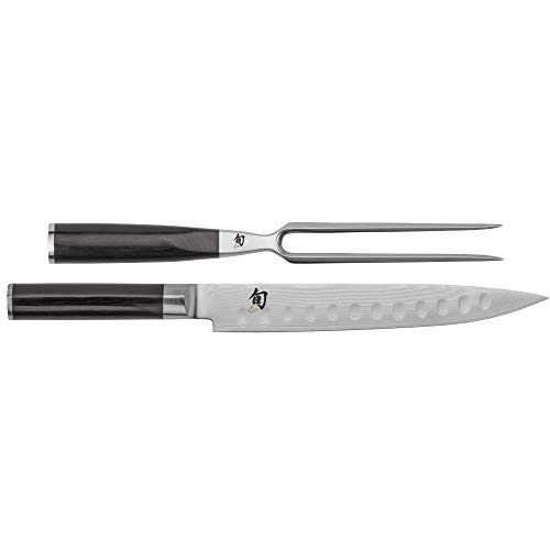 Shun Cutlery Classic 2-Piece Carving Set, Includes 9â Classic Hollow-Ground Slicing Knife and Carving Fork, Authentic, Handcrafted Japanese Carving Knife and Fork