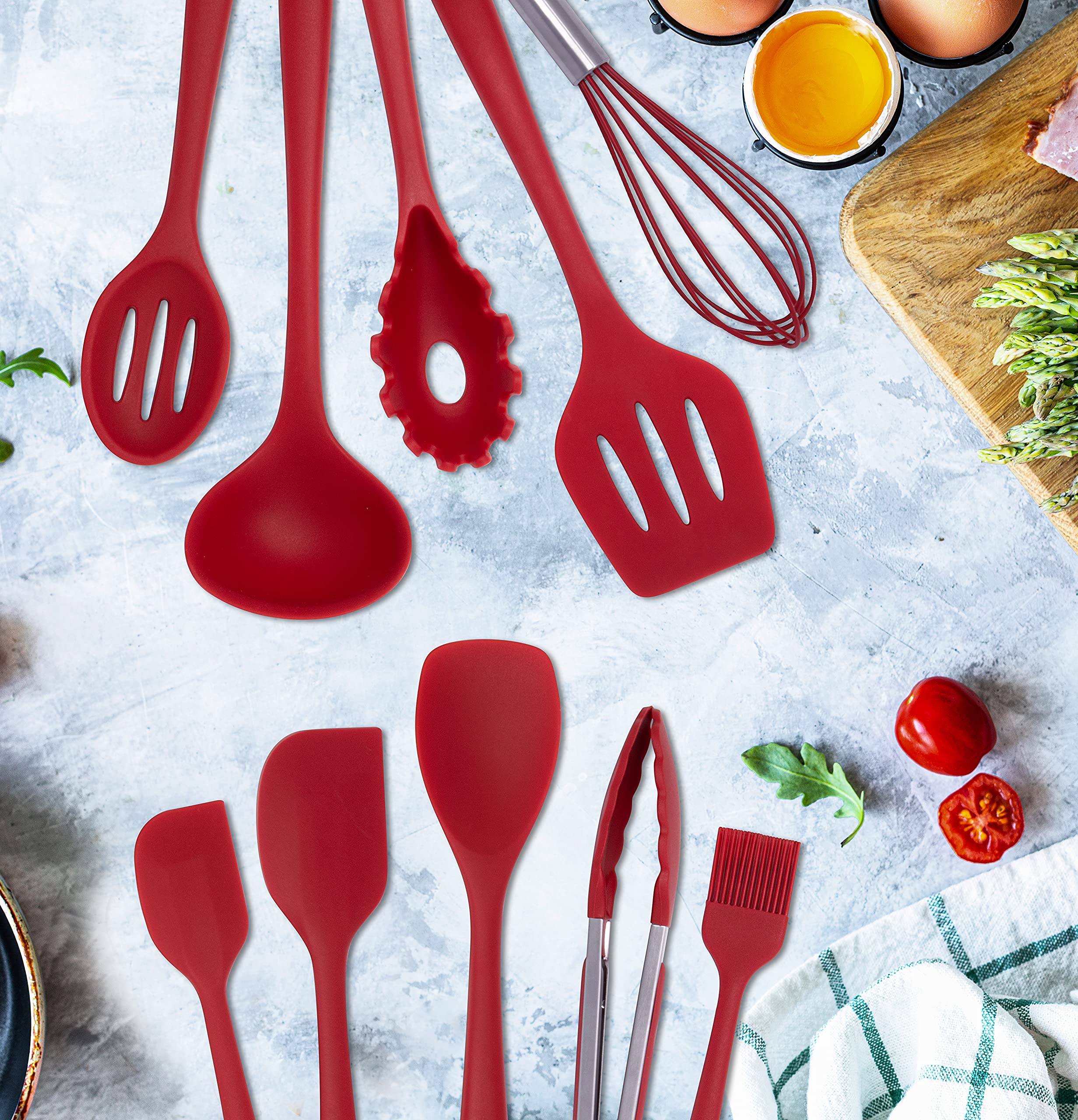 K & G Silicone Cooking Utensils Set 11 pcs red kitchen utensils set with holder, spatula, whisk, tongs, soup ladle, silicone spoon & more. Non-stick, dishwasher safe, odorless, cookware set friendly