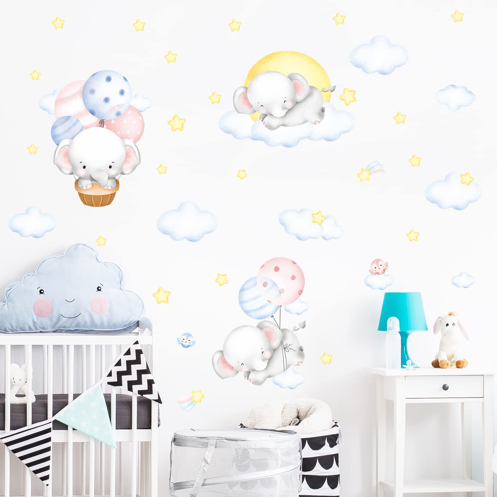 Tedy Bear Sleeping Wall Stickers Baby Decor for Nursery Balloon Cloud Star Wall Decals for Baby Bedroom Decoration